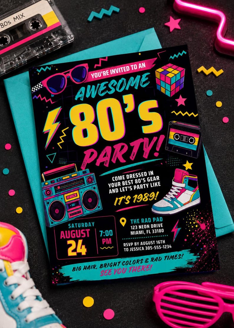 Retro 80s Birthday Invitation | Editable Neon Party Invite Template ...