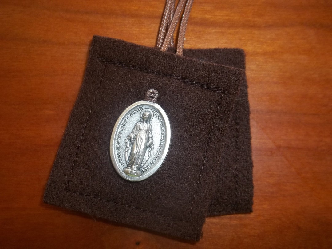 Handmade Brown Wool Scapular: Our Lady of Mt. Carmel, Miraculous Medal ...