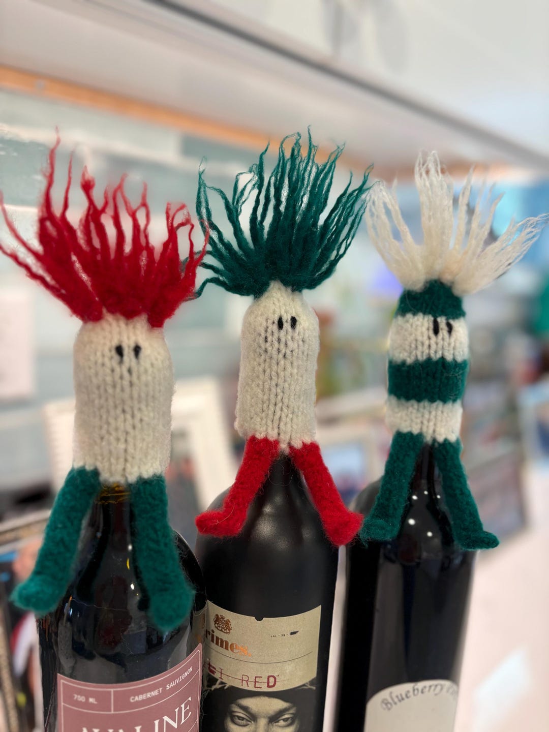 Hand Knit Wine Bottle Toppers: Christmas Finger Puppets, Cat Toys ...