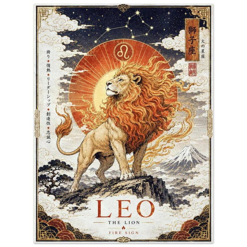 Leo Zodiac Poster, Japanese Art Style Astrology Wall Art, Fire Sign ...