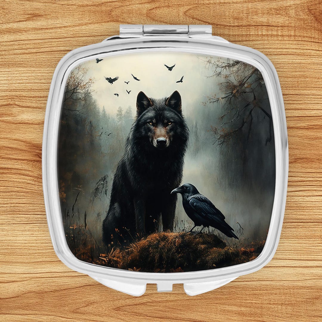 Wolf and Raven Compact Mirror, Dark Academia Gifts, Norse Mythology Art ...