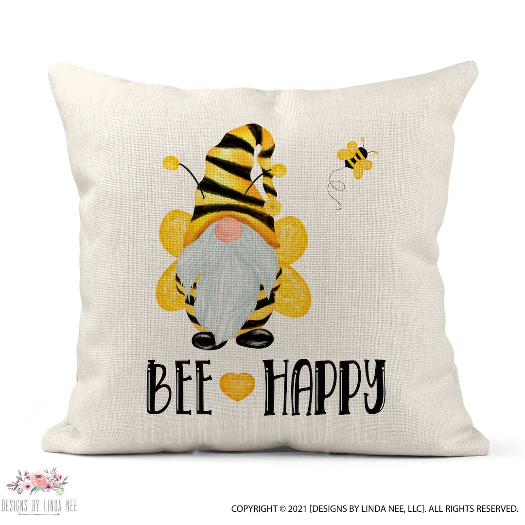 Bee Happy Pillow Cover With Cute Gnome, Bee Happy Gifts, Gift for Her ...