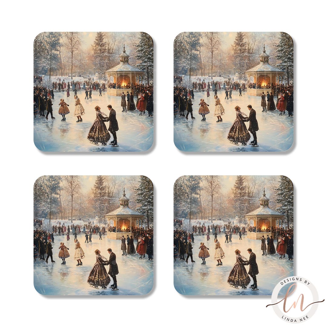 Victorian Skating Rink Coasters Set of 4, Classic Winter Scene Painting ...