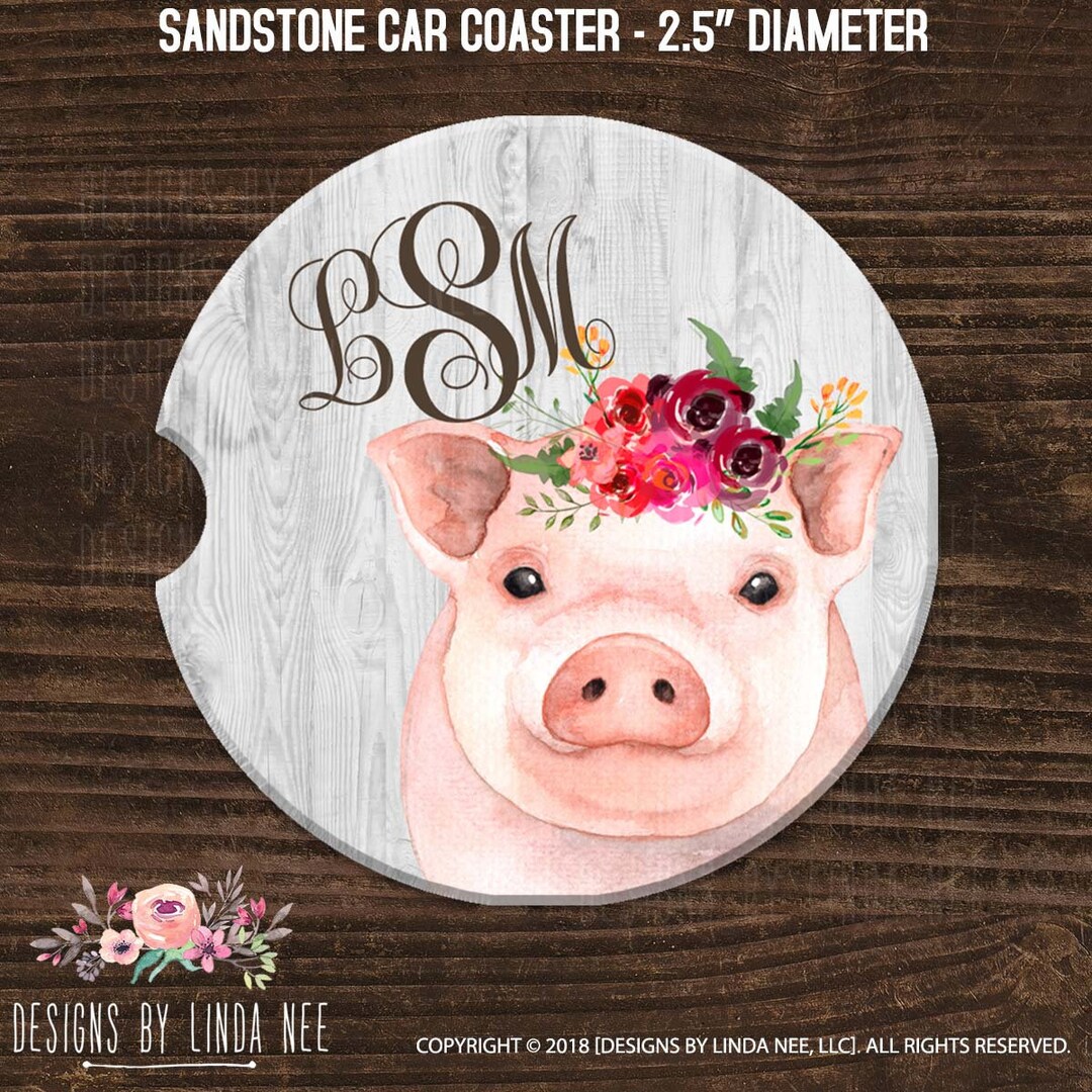 Monogrammed Car Coaster Pig Car Accessories Personalized Sandstone Car ...