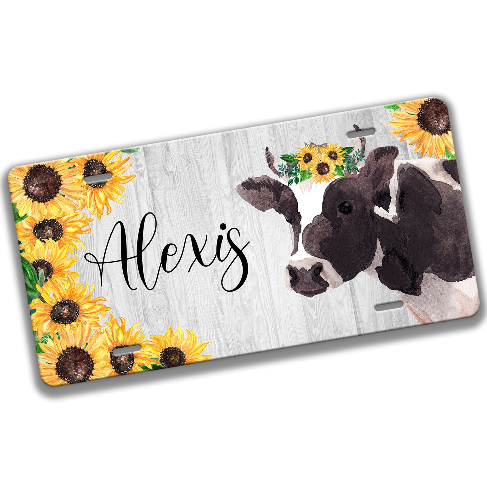 Monogrammed License Plate Car Accessories Black White Cow Sunflowers ...