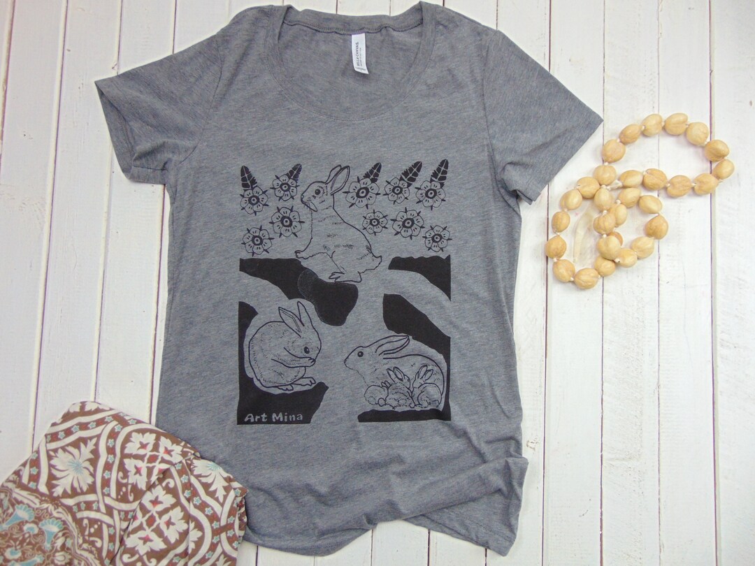 Women's Rabbit Hole T-shirt, Screen Print Bunny Tee, Floral Bunnies ...