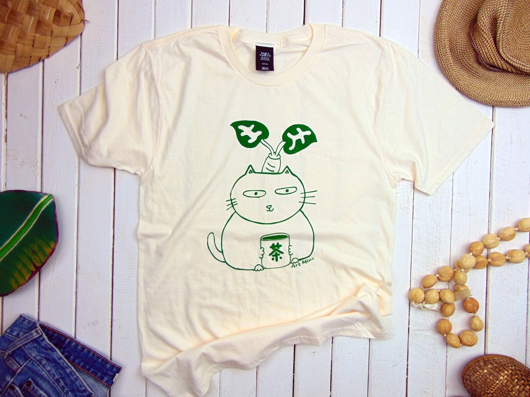 Green Tea Cat T-shirt Screen Printed Ocha Neko With Taro - Etsy