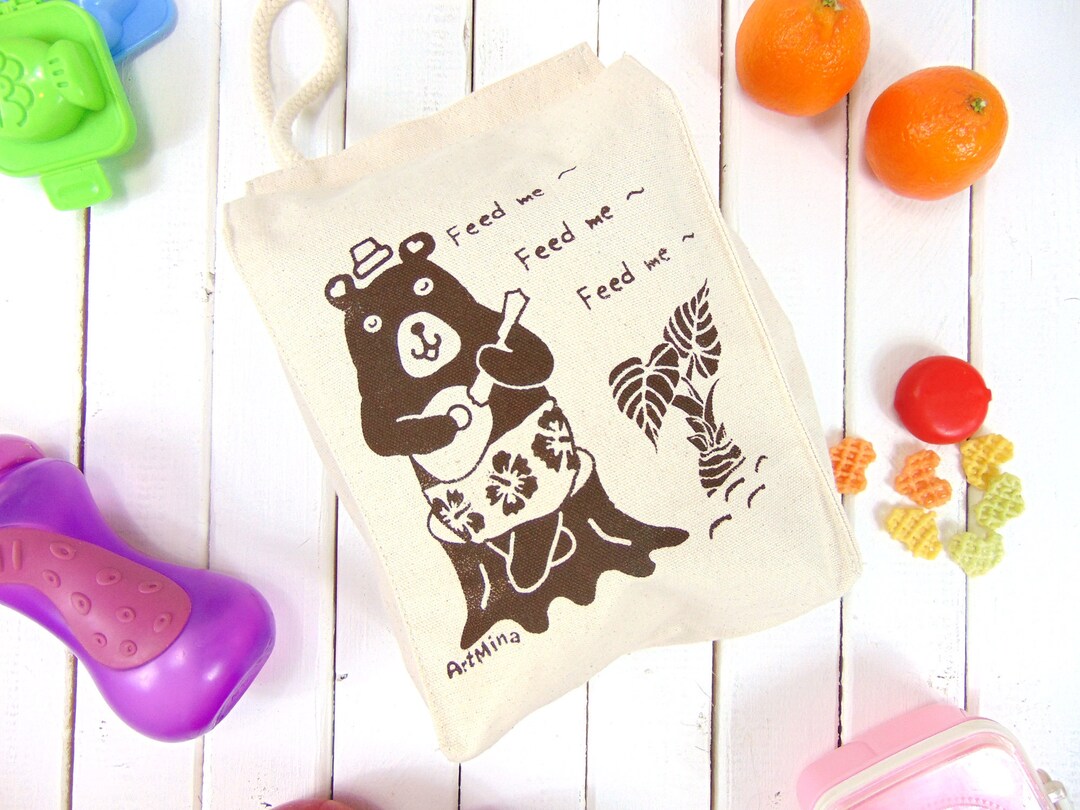 Ukulele Bear Canvas School Lunch Bag, Screen Print Hawaiian Baby Bottle ...