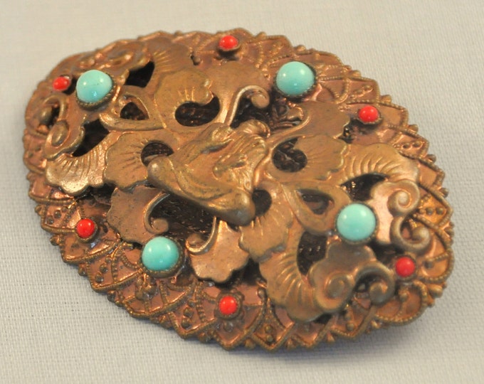 Vintage Oriental Brooch Copper Buddha and Faux Jade - Etsy