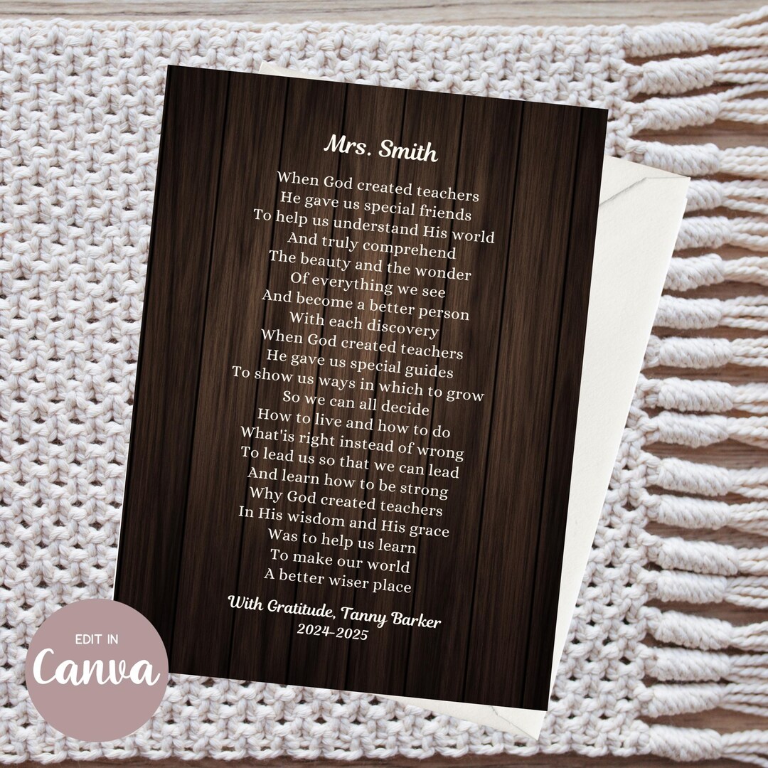 Christian Teacher Gift Printable Card, Editable in Canva, Poem for ...