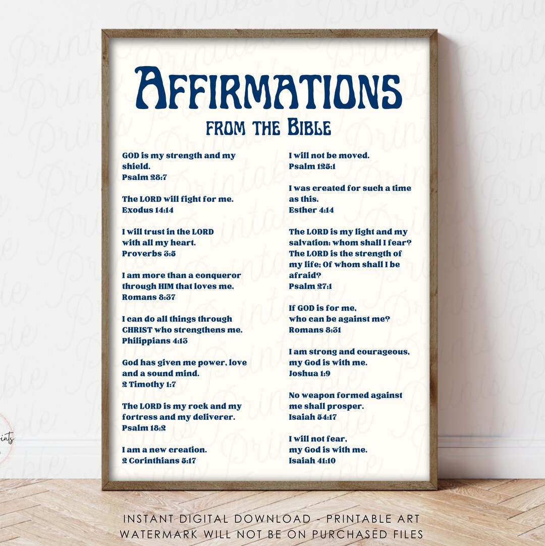 DAILY AFFIRMATIONS Retro Navy Blue Trendy Wall Art Printable Prints ...