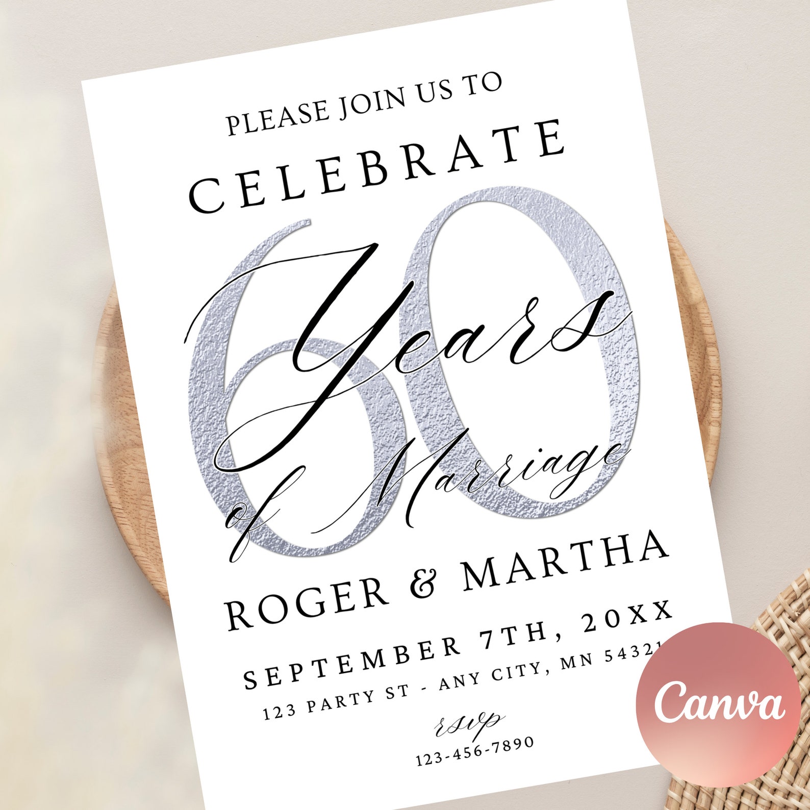 60TH ANNIVERSARY Invitation, CANVA Editable Template Party Invite Evite ...