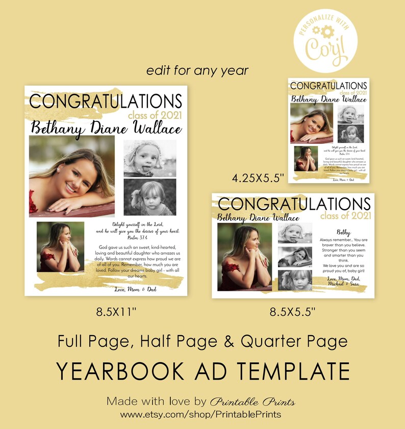 TEMPLATE YEARBOOK AD from Parents Editable Pages Gold Theme | Etsy
