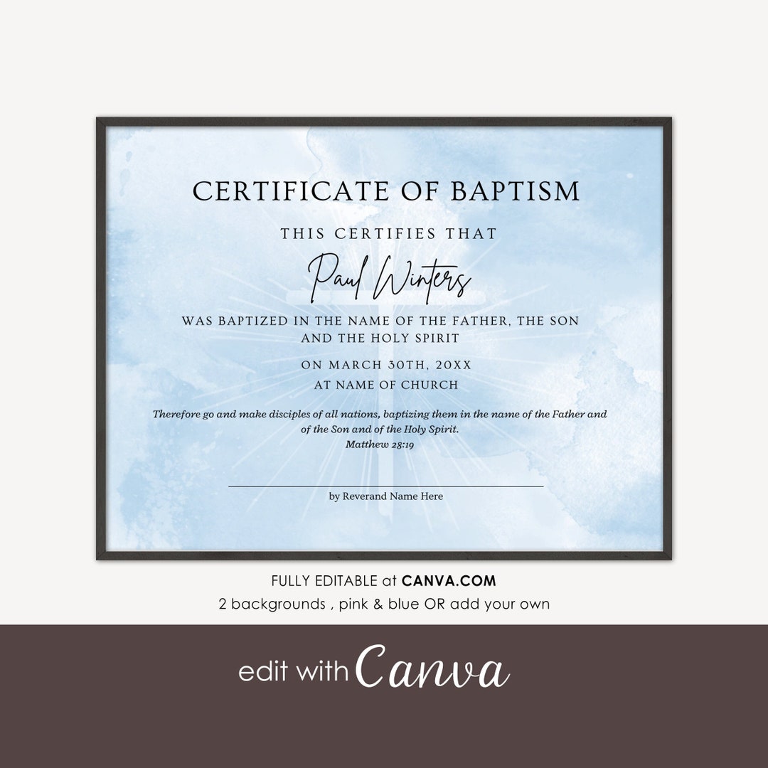 CERTIFICATE of BAPTISM Printable CANVA Template, Water Baptism ...