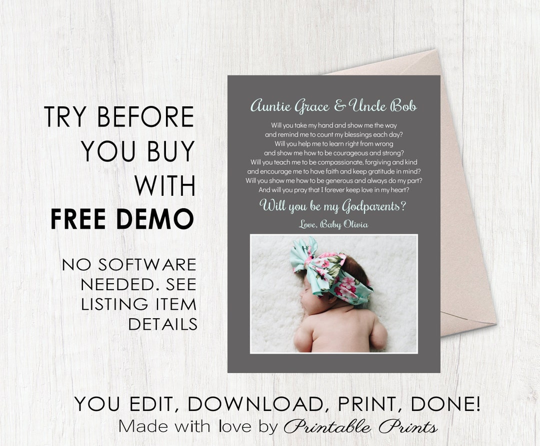 GODPARENT PROPOSAL Personalized Editable Card, PHOTO Gift, Downloadable ...