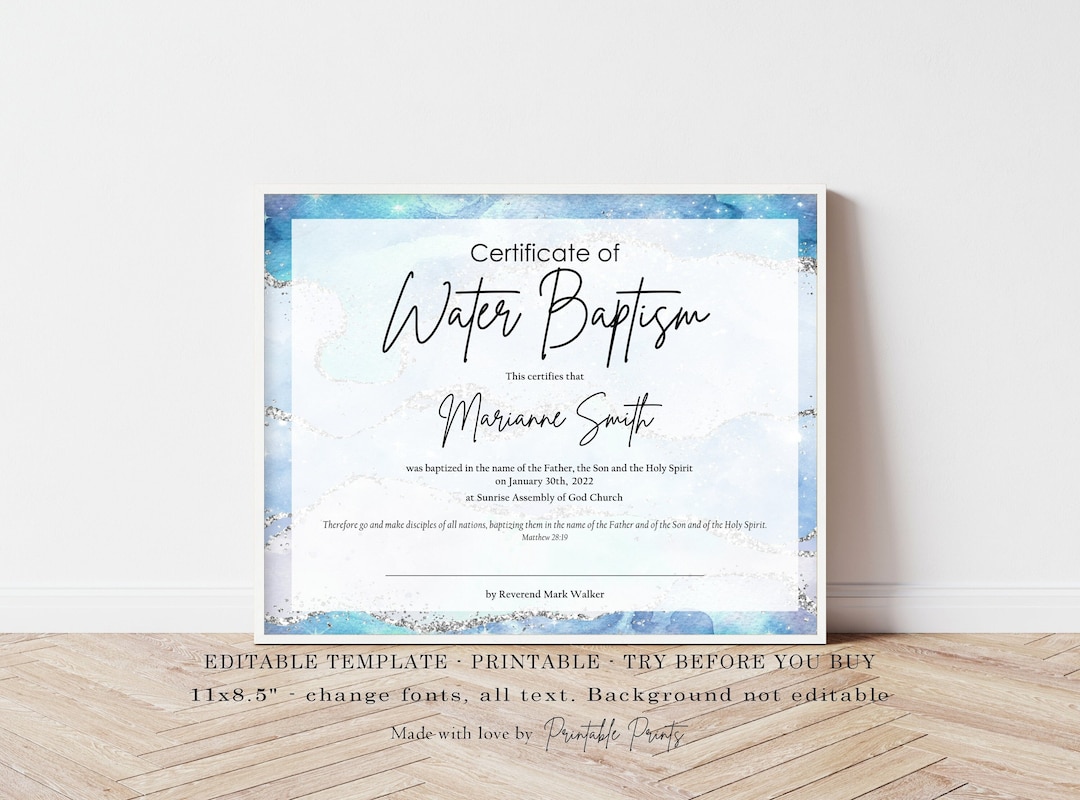 CERTIFICATE for BAPTISM Printable Print Digital Template, Water Baptism ...