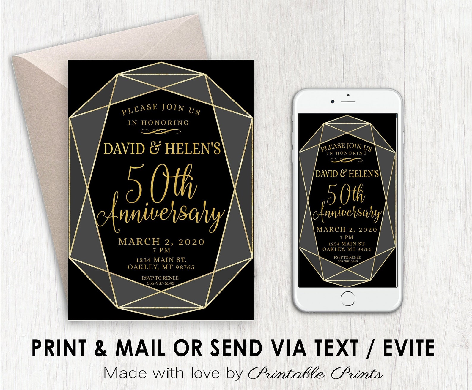 50th ANNIVERSARY Invitation Editable Template BLACK GOLD | Etsy