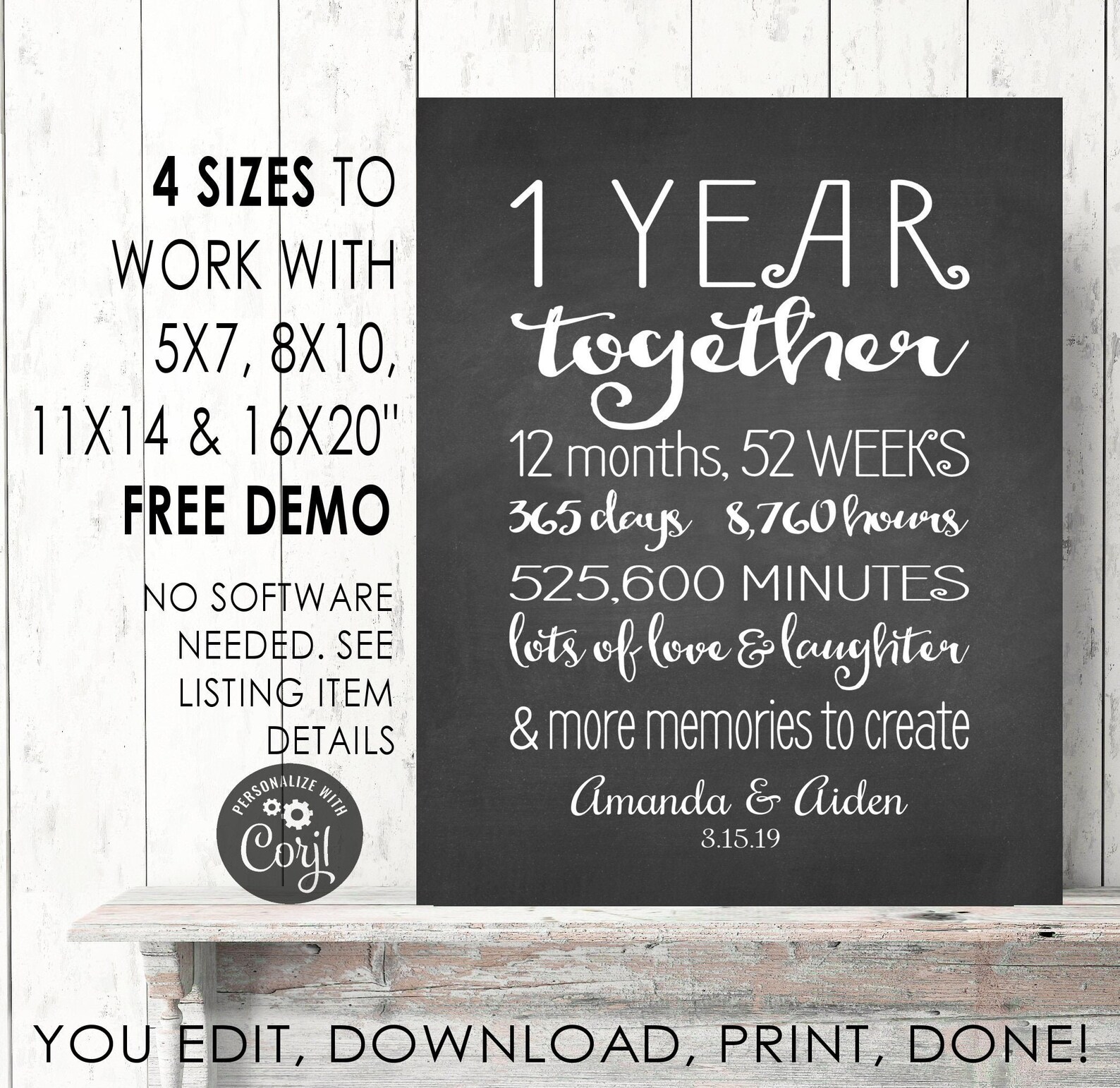 1 Year Together Anniversary Sign Editable Printable INSTANT - Etsy