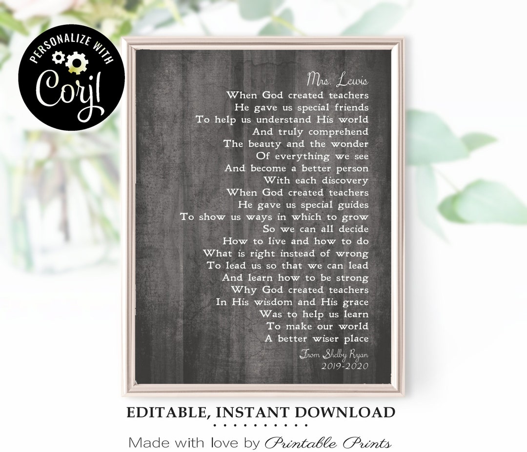 Christian TEACHER Christmas GIFT, Editable PRINTABLE Card or Art, Poem ...