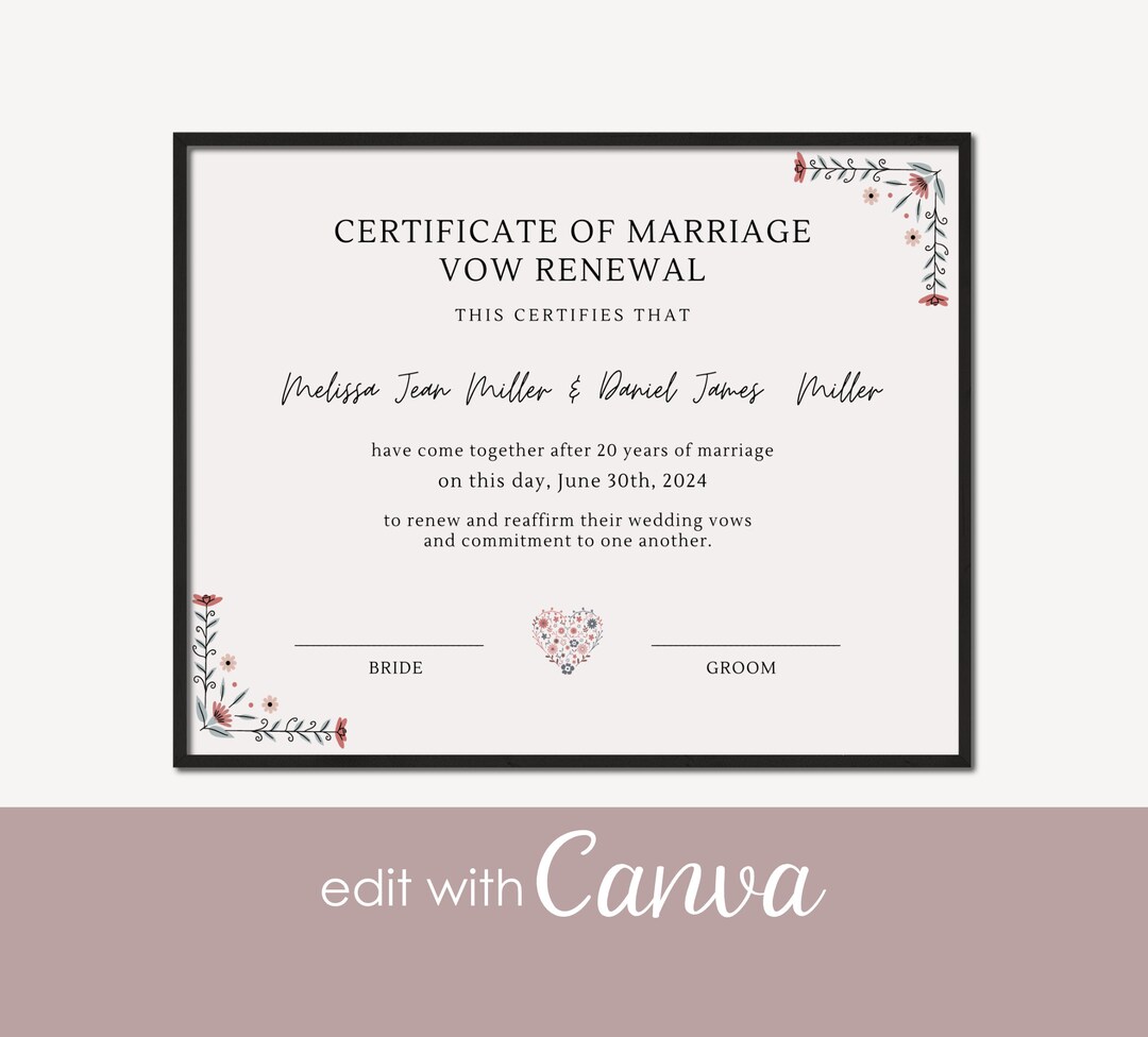 Marriage Certificate Canva Vow Renewal Wedding Template, Editable ...