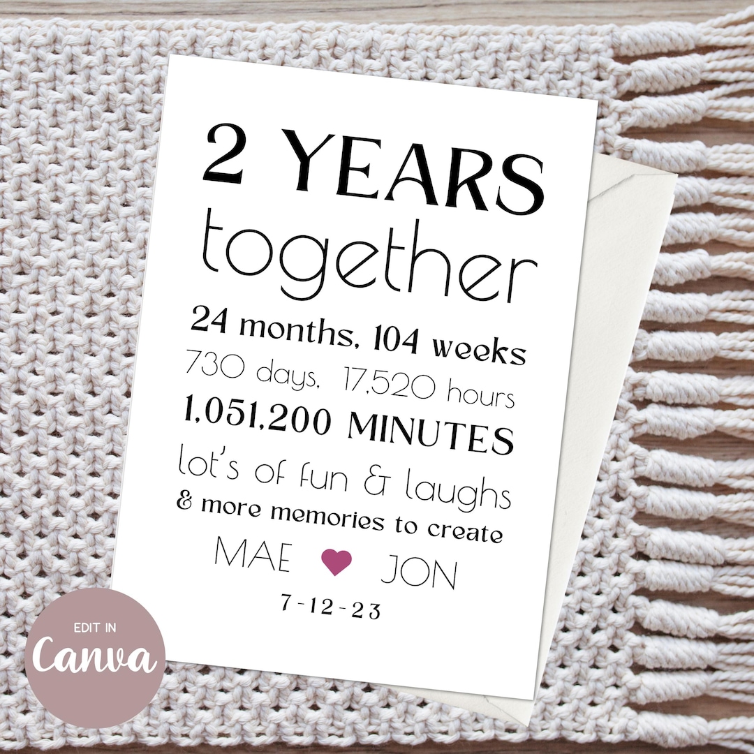 2 Year ANNIVERSARY Card, Canva Template Personalized, Editable Sign for ...