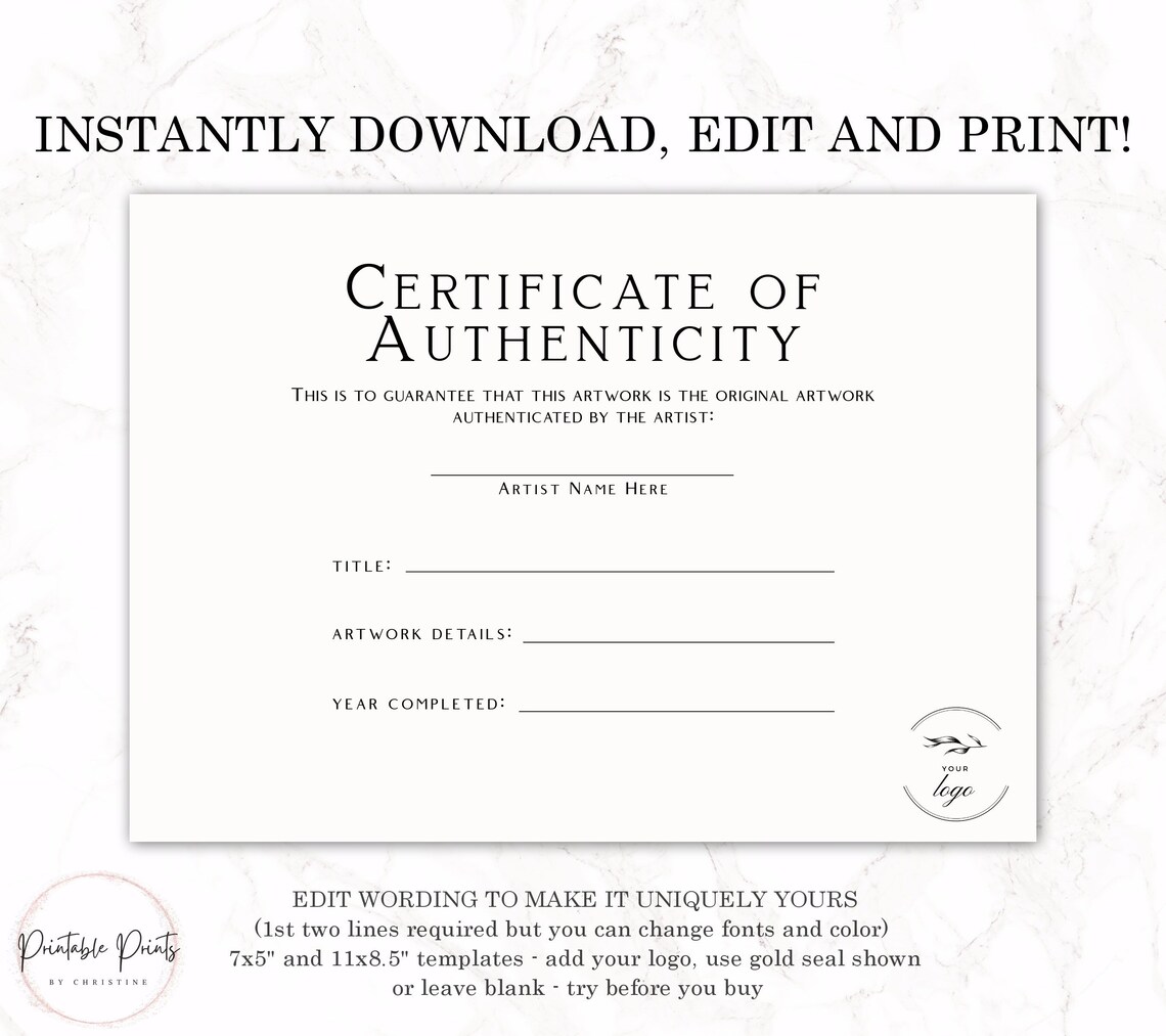 Certificate of Authenticity Template Editable Printable - Etsy