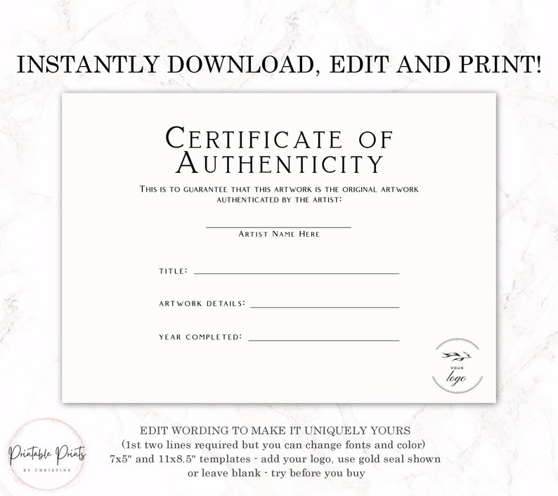 Certificate of Authenticity Template Editable Printable - Etsy