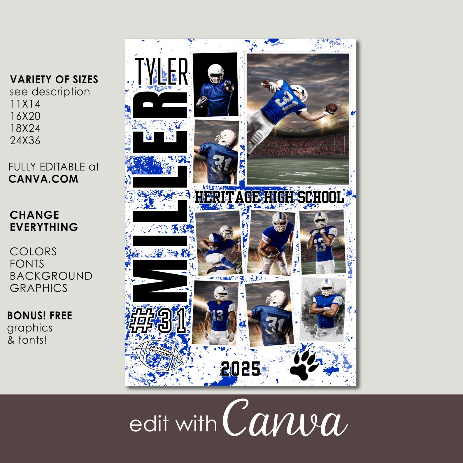 Homecoming Poster Canva Template, Football 9 Photo Collage, Custom ...