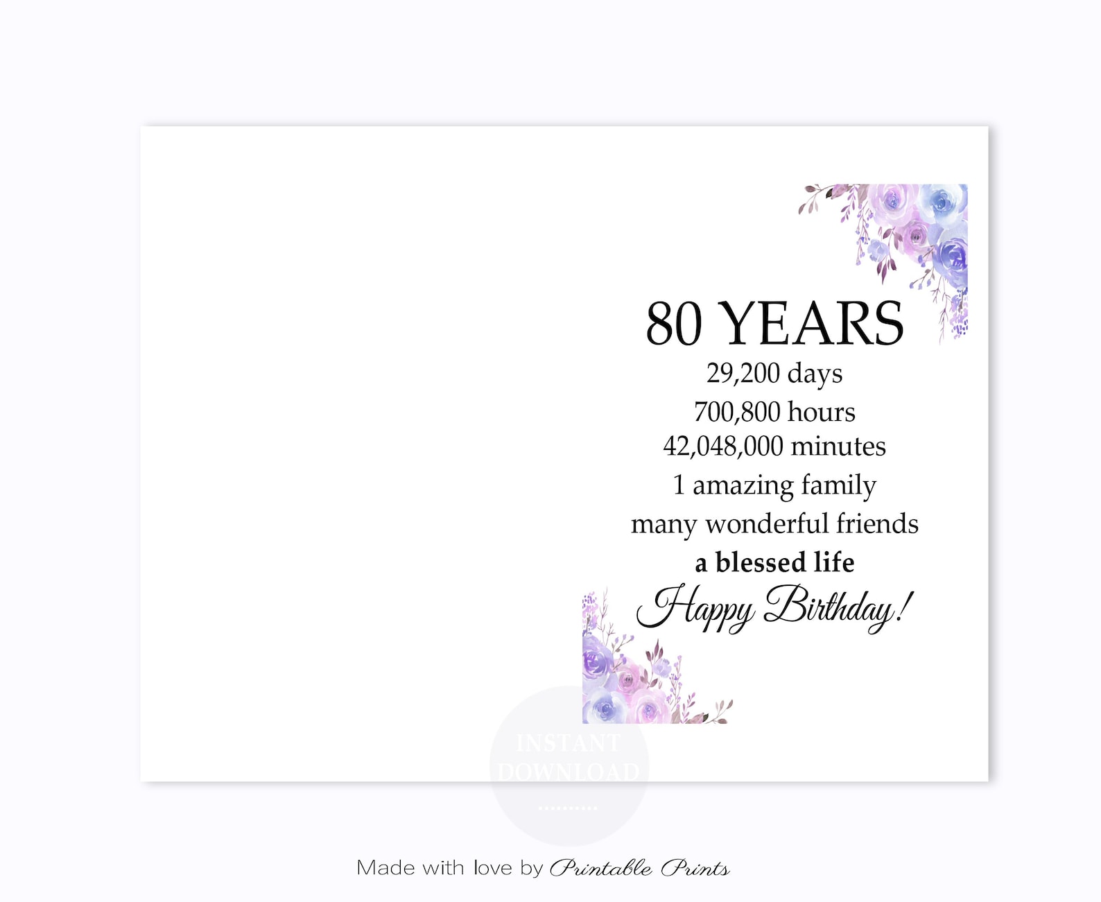 80th BIRTHDAY CARD Printable Instant Downloadable DIGITAL - Etsy Canada