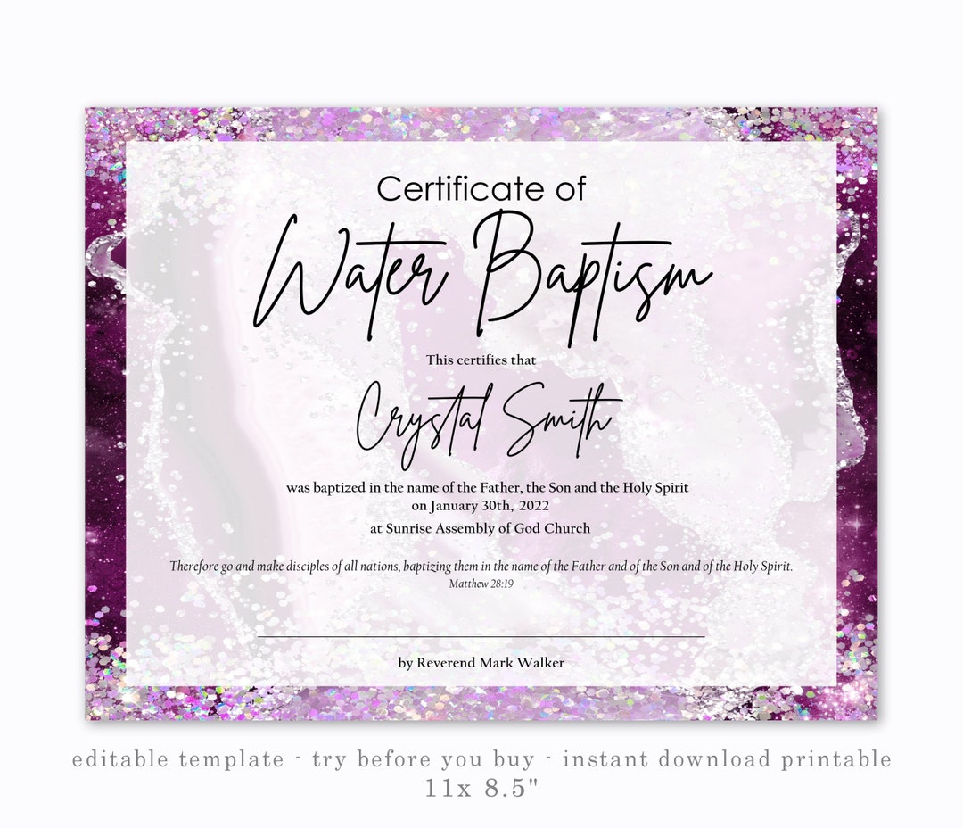BAPTISM Printable CERTIFICATE Digital Template Purple Glitter Girls ...