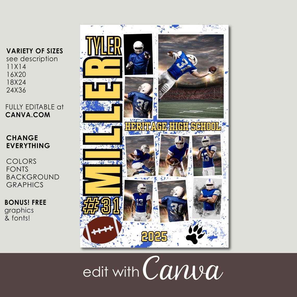 Homecoming Poster Canva Template, Football 9 Photo Collage, Custom ...