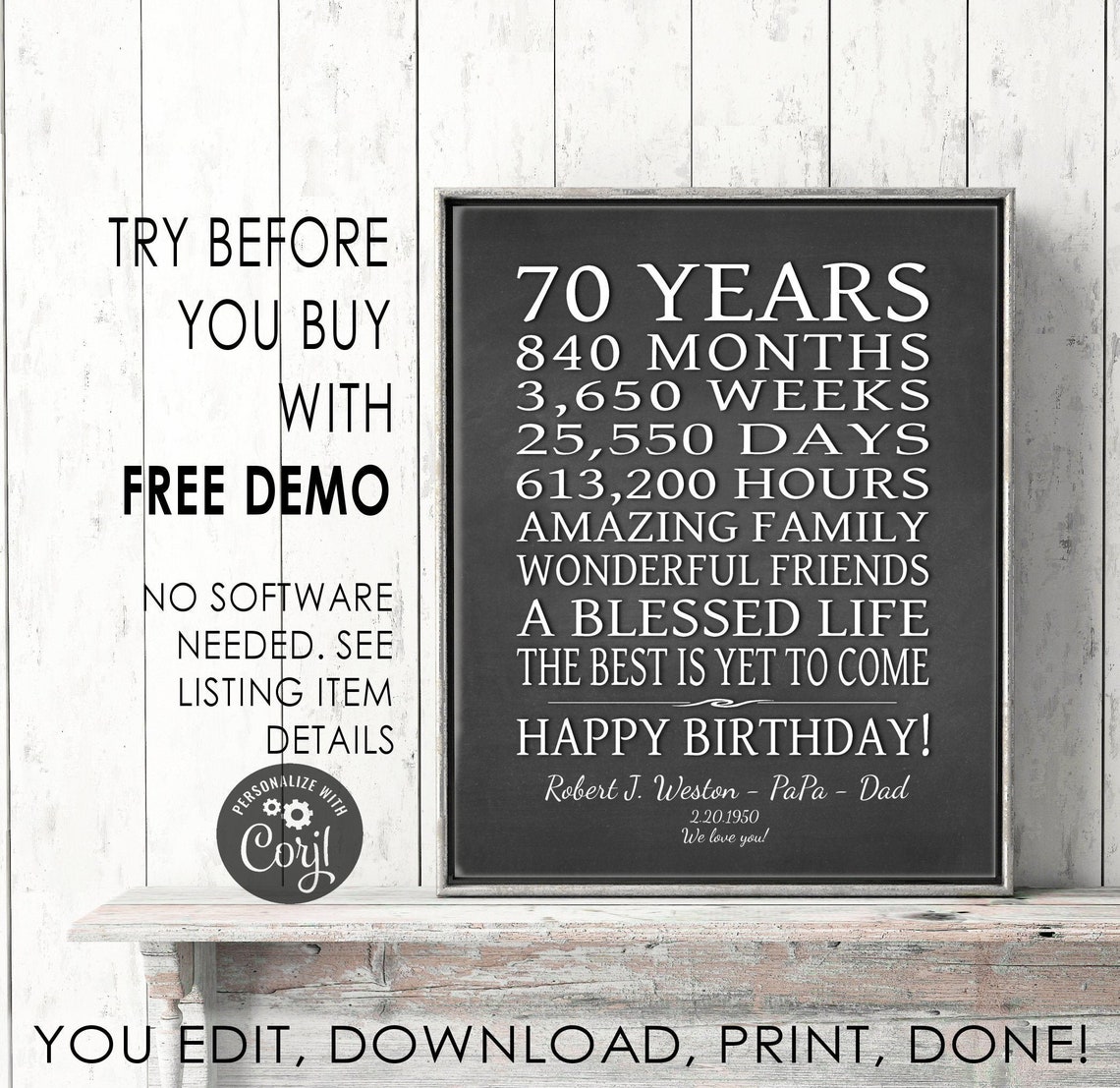 70th BIRTHDAY SIGN Editable Downloadable Printable Print | Etsy