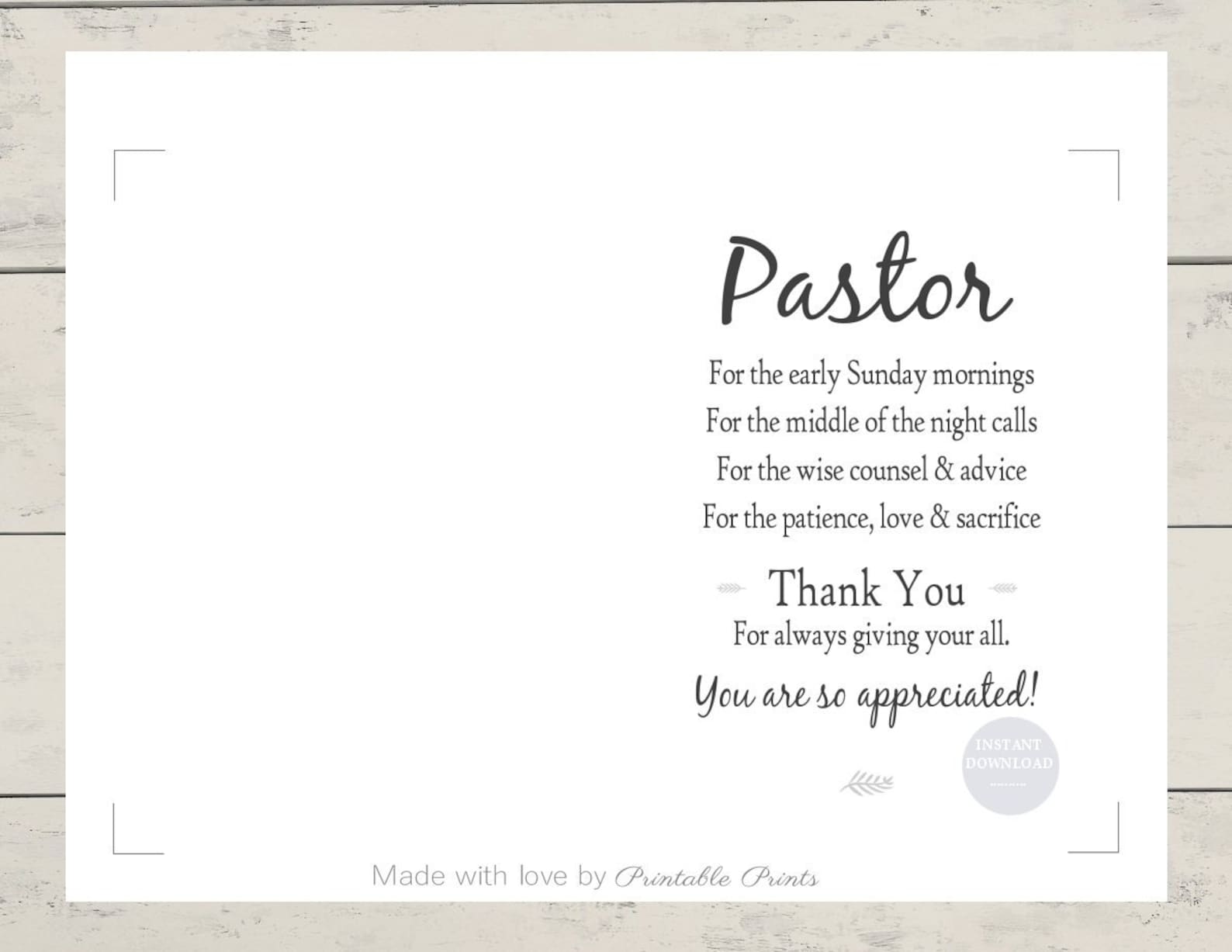 Printable PASTOR APPRECIATION Card 5x7 CARD Gift for Pastor Thank You ...