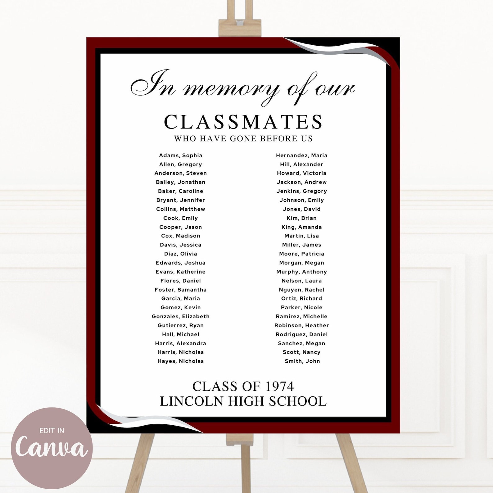 Class Reunion in Memory of Board, Printable Canva Template, Memorial ...