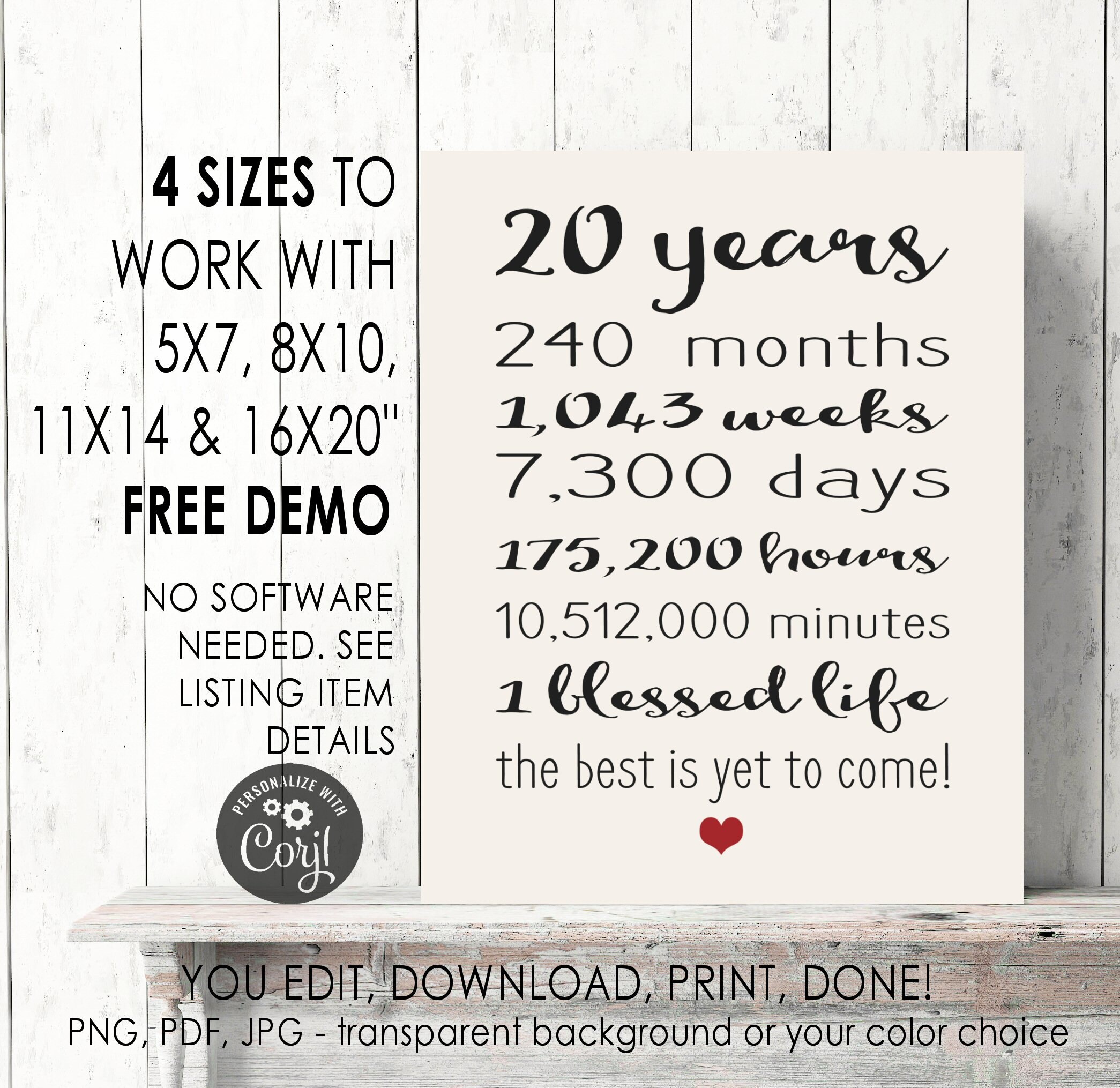20th ANNIVERSARY Editable Printable Print Quick Gift 20 - Etsy