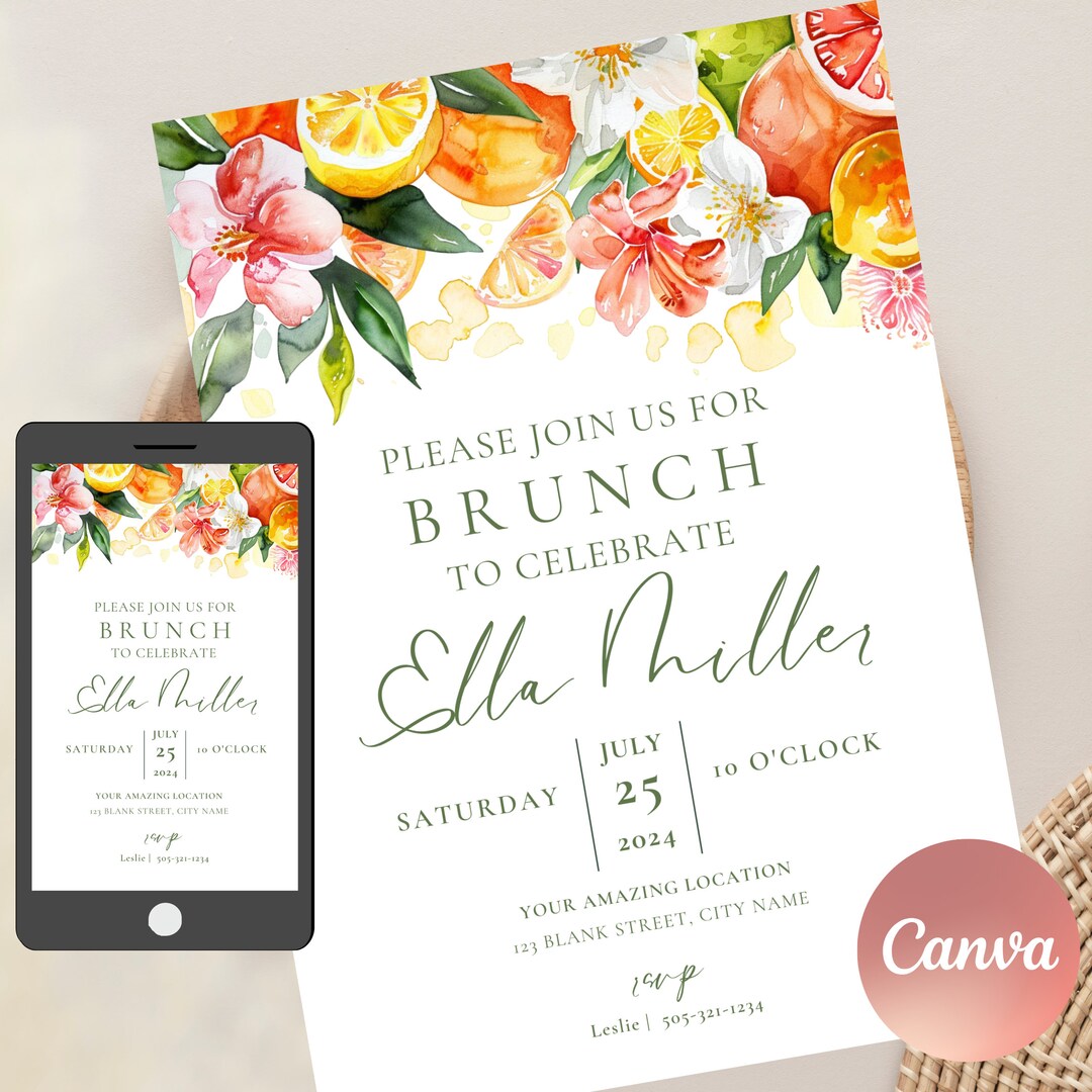 Printable Citrus Invitation Template, Bridal Shower, Birthday Brunch ...