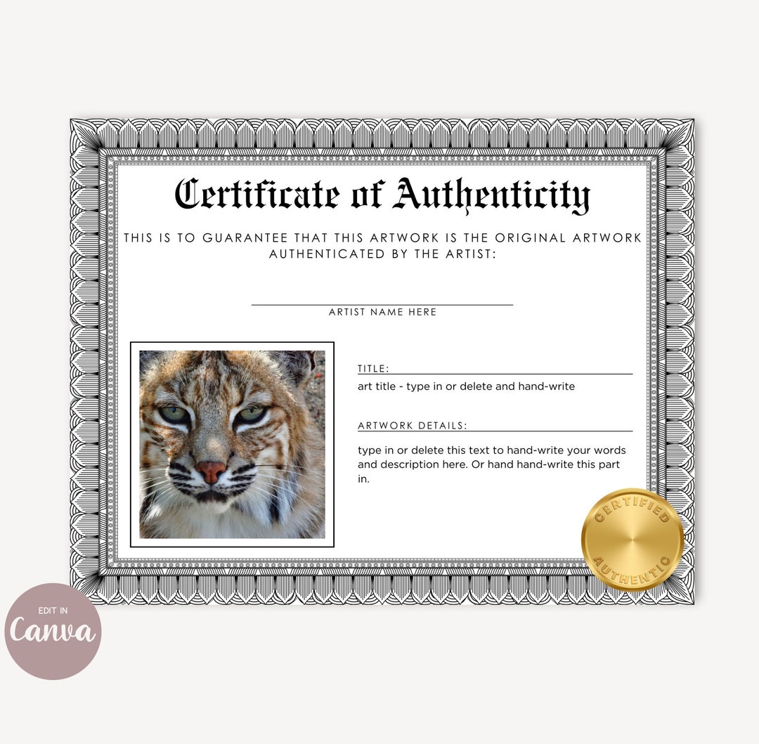 Printable Authenticity Certificate of Art, Canva Template Add PHOTO for ...