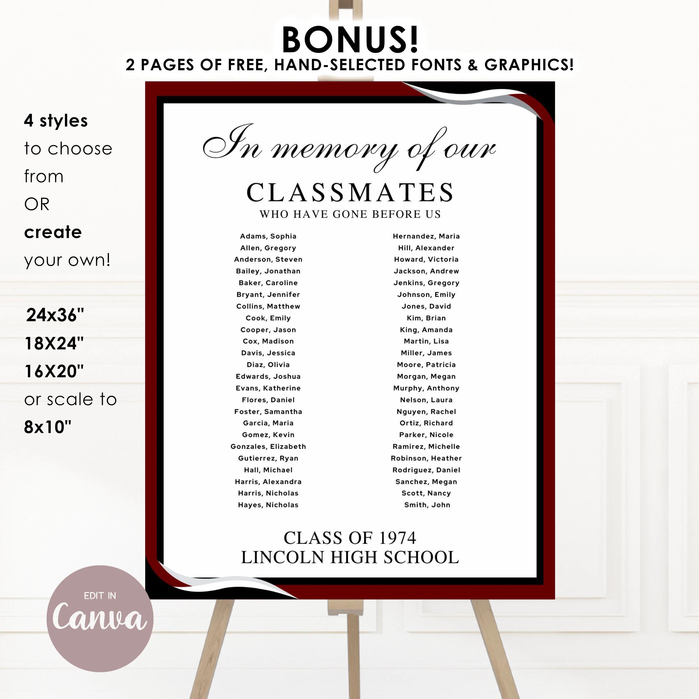 Class Reunion in Memory of Board, Printable Canva Template, Memorial ...