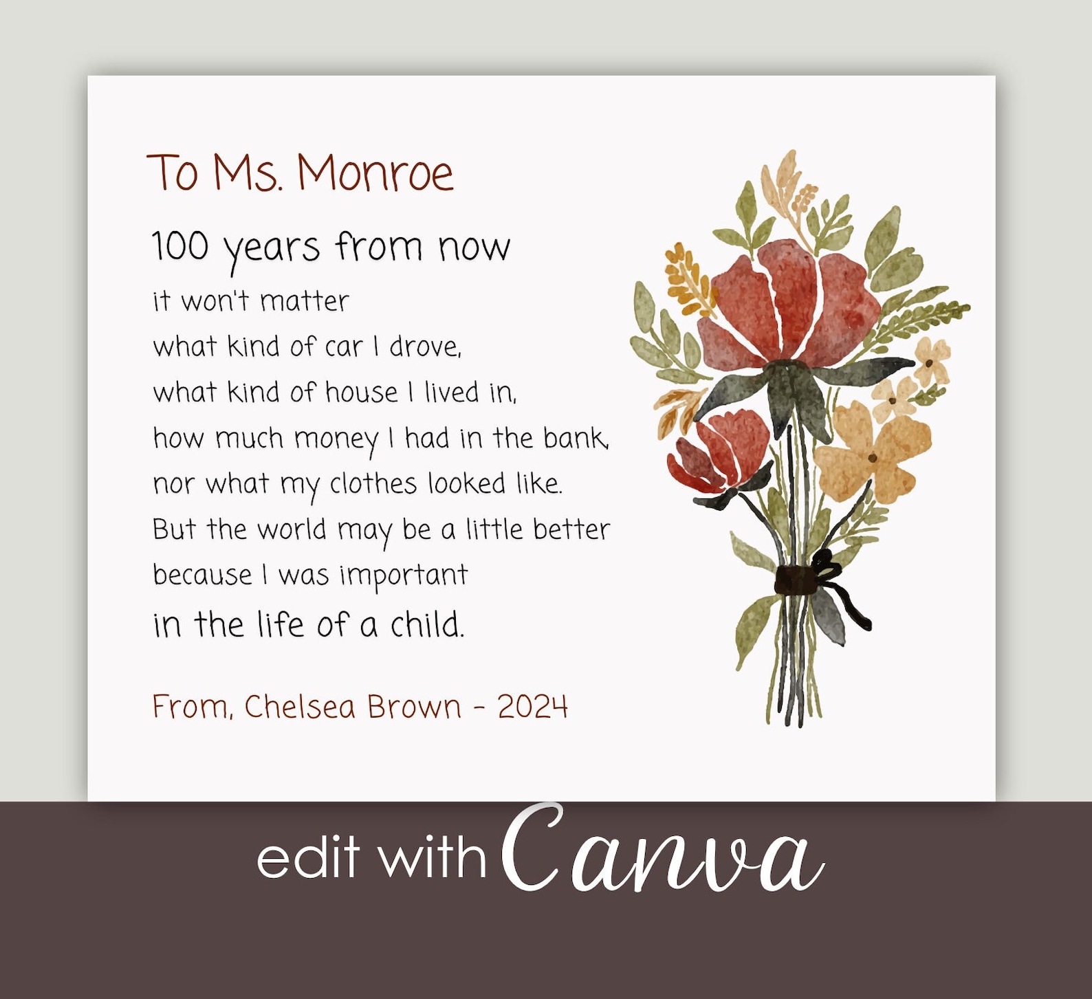 TEACHER GIFT Printable Template, Edit With Canva, Teacher Appreciation ...