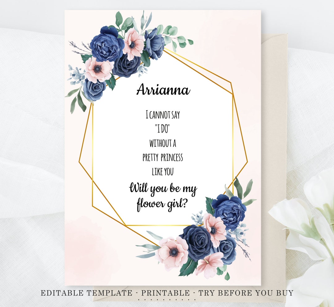 Navy Blush, Flower Girl Proposal Card, Editable Template, Instant ...