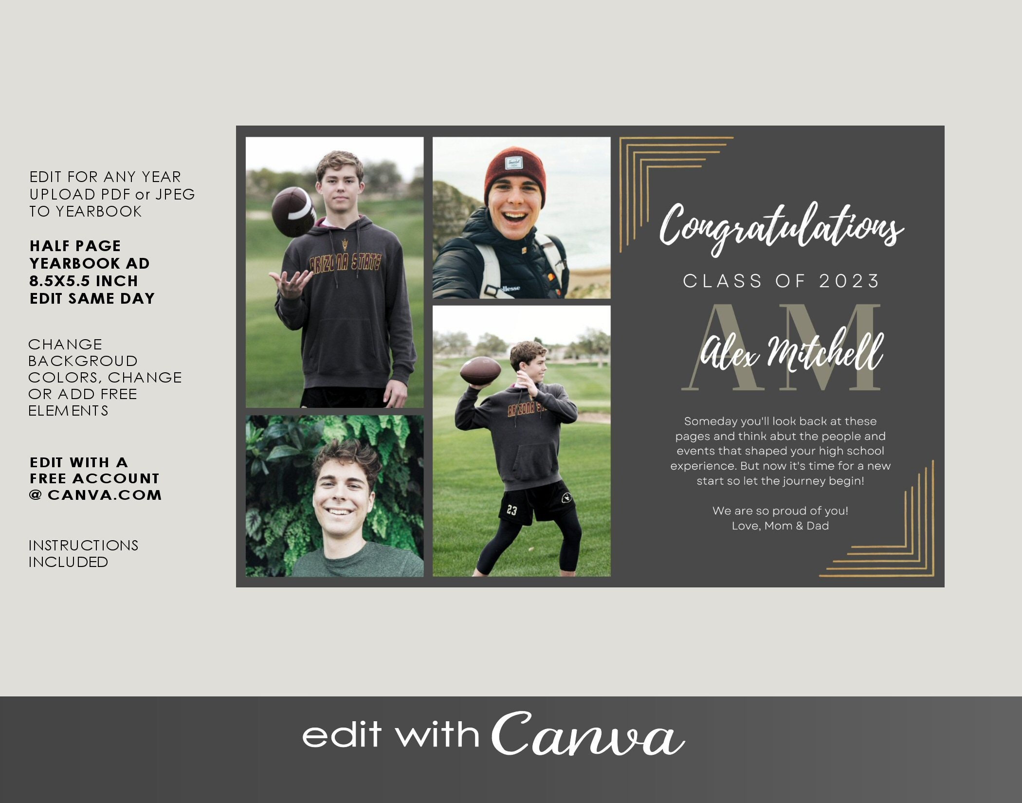 YEARBOOK AD Canva Template, Half Page 2026 Editable Layout, Gray Gold ...