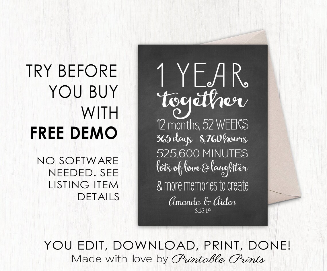 1 Year Together Anniversary Sign Editable Printable INSTANT - Etsy
