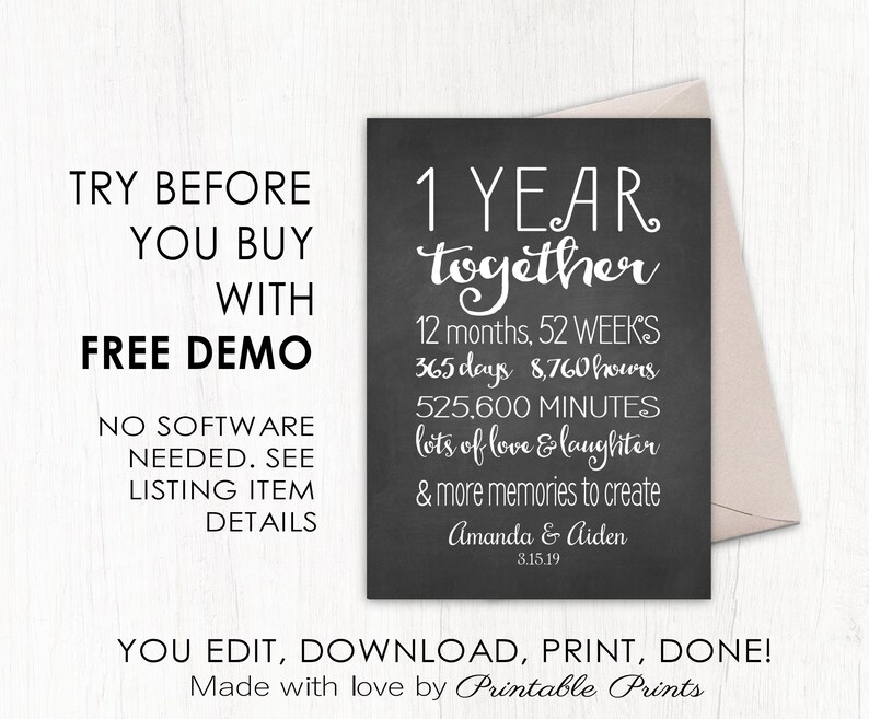1 Year Together Anniversary Sign Editable Printable INSTANT - Etsy