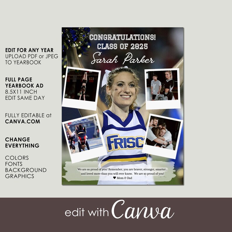 Full Page YEARBOOK AD CANVA Template, Cheer Senior Yearbook Ad Tribute ...