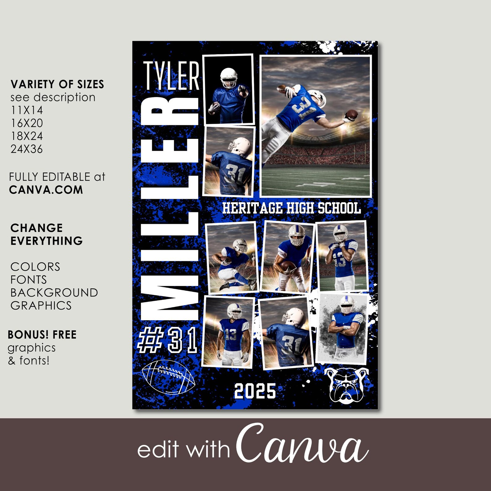 Homecoming Poster Canva Template, Football 9 Photo Collage, Custom ...