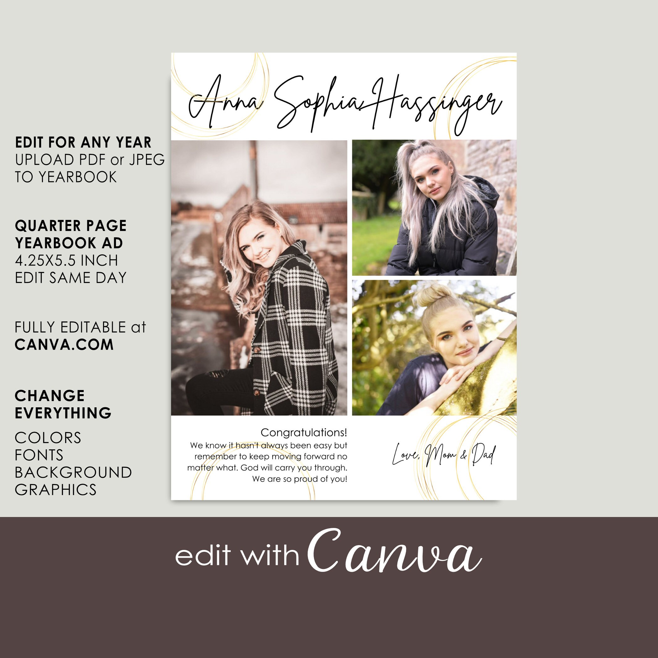 Yearbook Ad 2026 Full Page, CANVA Template Editable Layout Gold, Senior ...