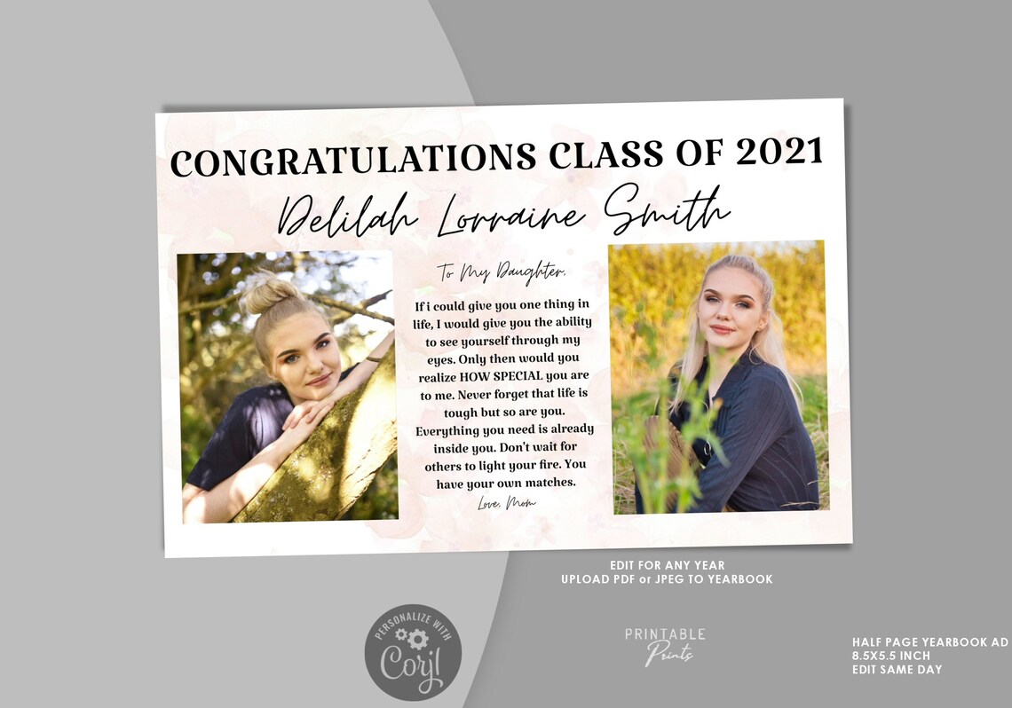 Half Page YEARBOOK AD TEMPLATE 8 5x5 5 2023 Girls Etsy UK