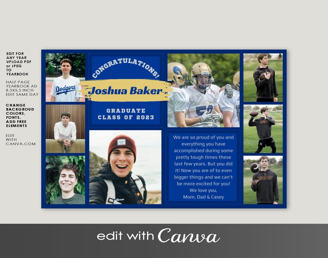 Half Page YEARBOOK AD Canva Template, Guys, Navy Gold or CUSTOM Colors ...