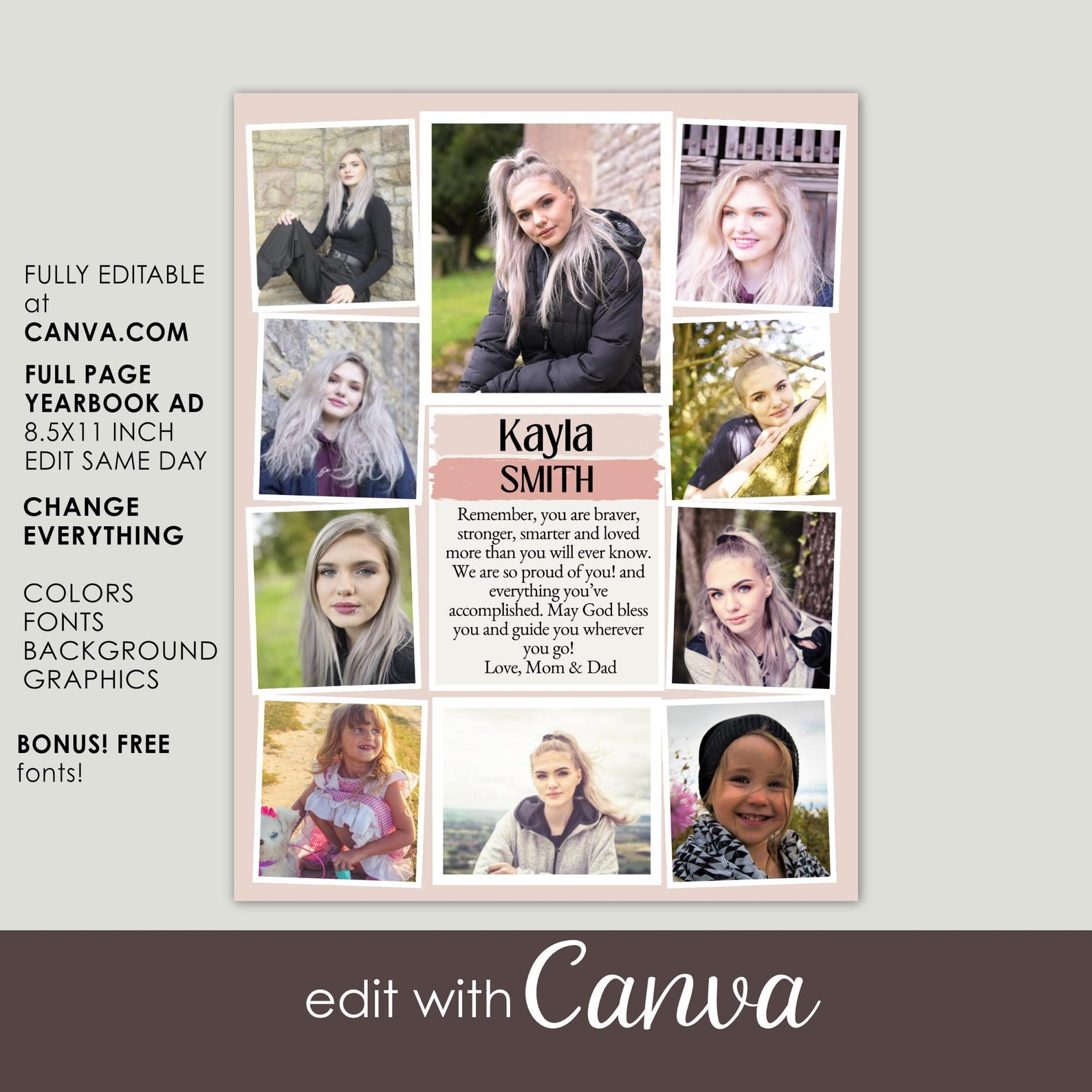 Yearbook Full Page Ad Photo Collage, Canva Template, 10 Framed Pictures ...