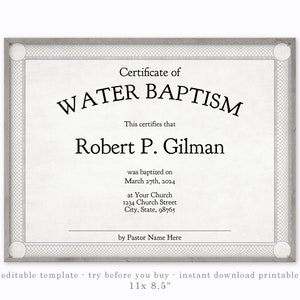 Baptism Certificate, Printable Blank, Editable Template, Classic Style ...